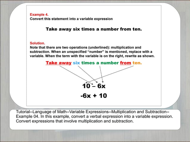 Tutorials--The Language of Math--Variable Expressions--Multiplication and Subtraction