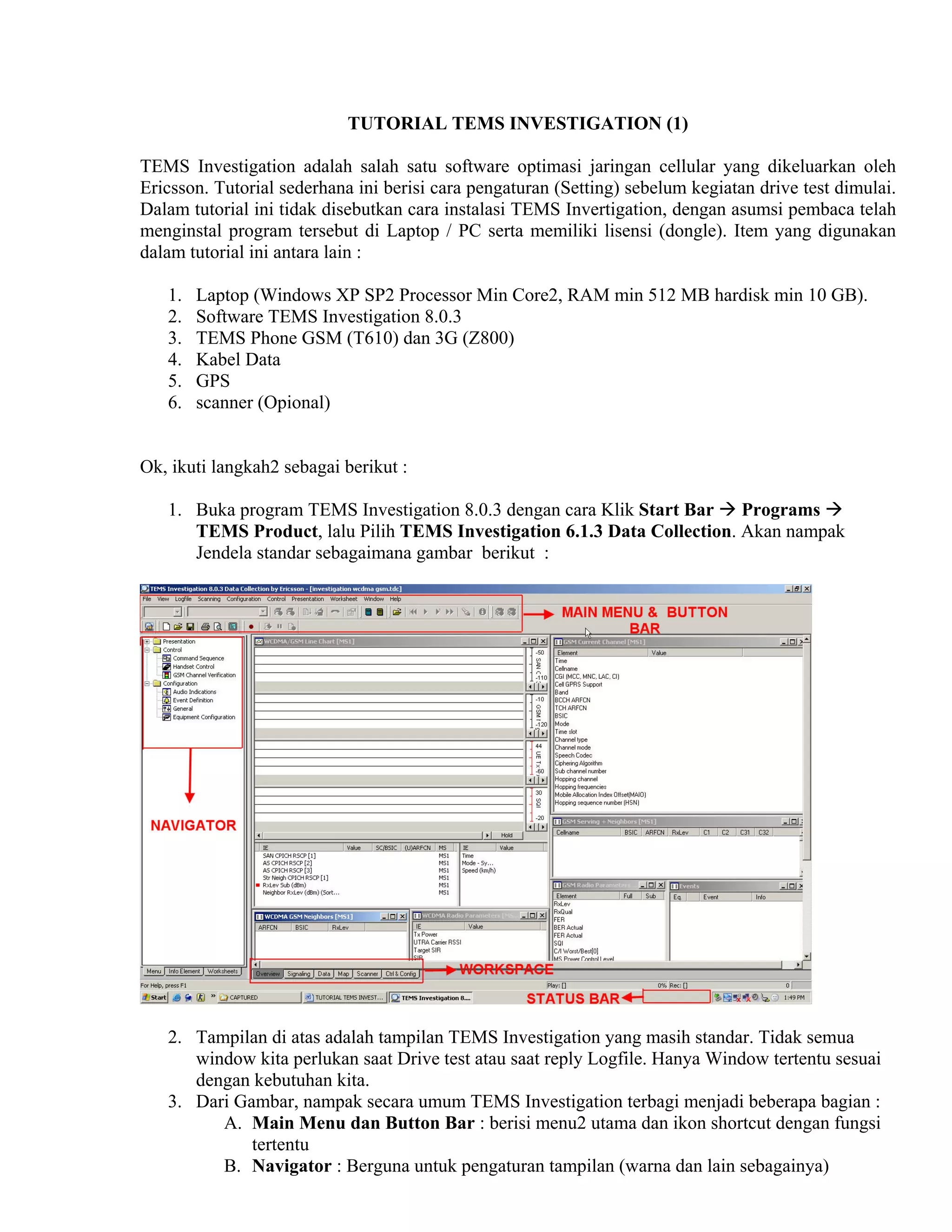 TEMS Investigation tutorial pengaturan drive test | PDF