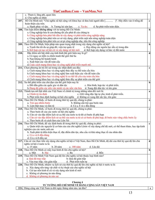 426 câu hỏi trắc nghiệm tư tưởng hồ chí minh - có đáp án - tincanban.com