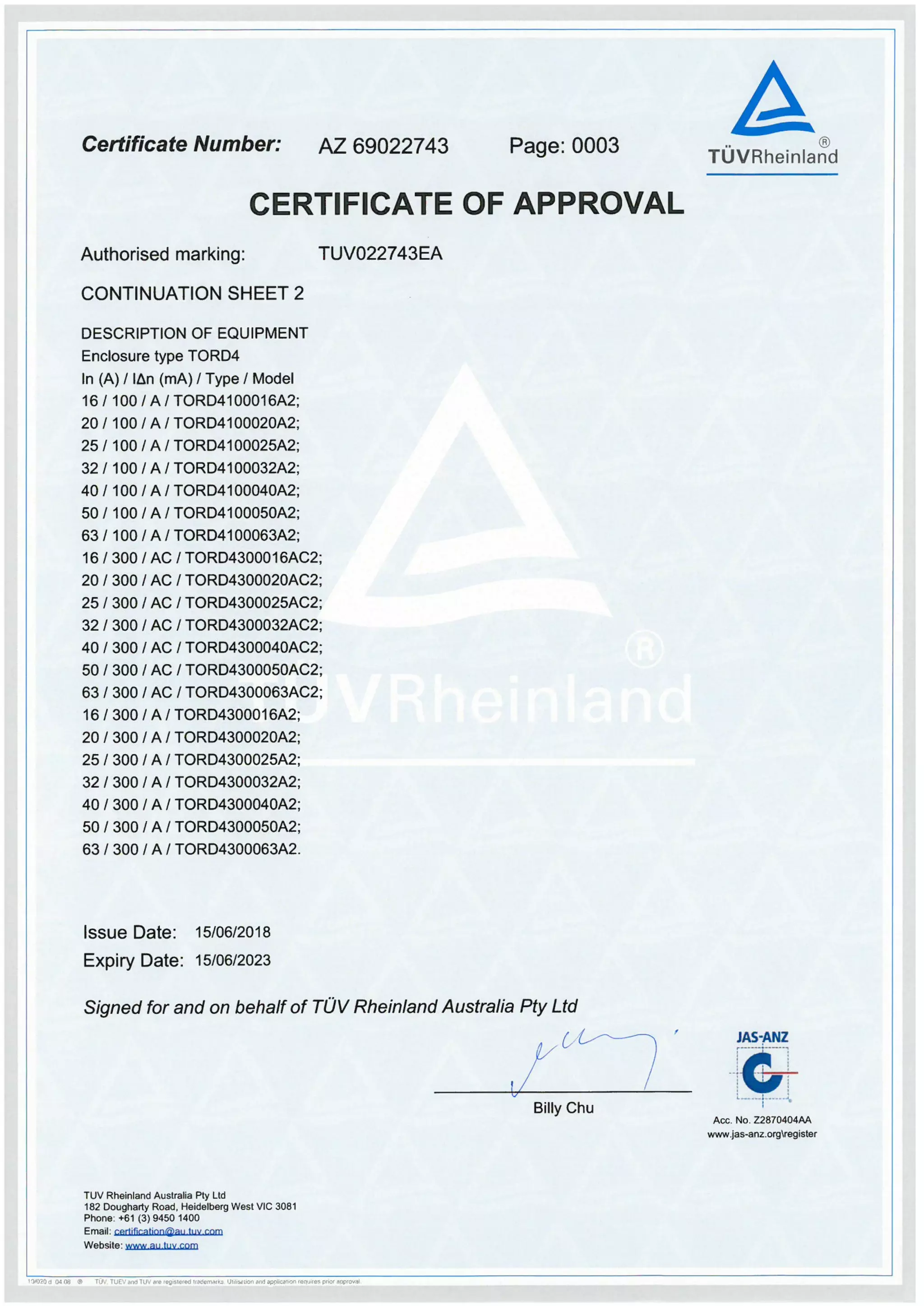 RCCB RCD AS/NZS 61008 TUV Certificate | PDF
