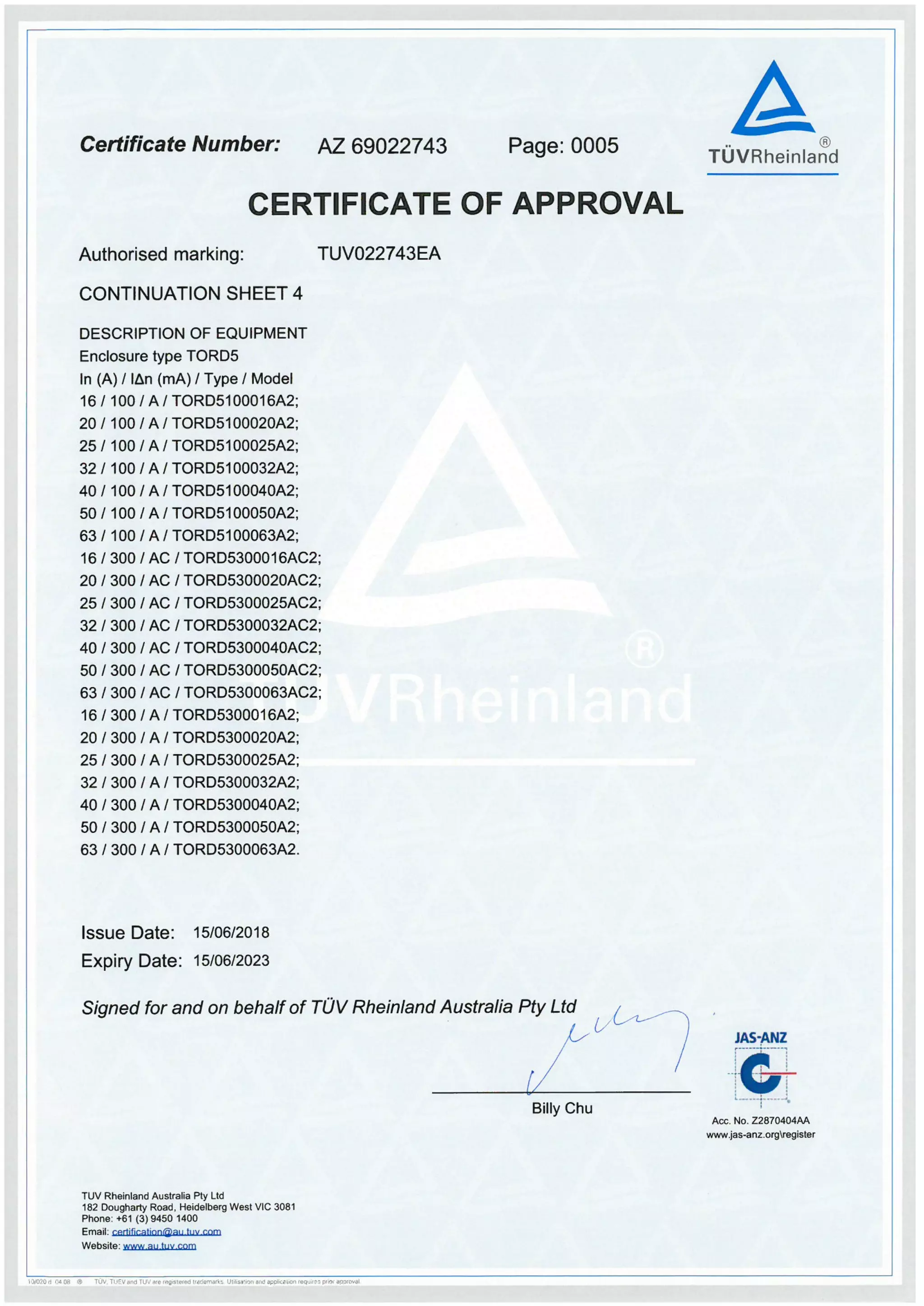 RCCB RCD AS/NZS 61008 TUV Certificate | PDF