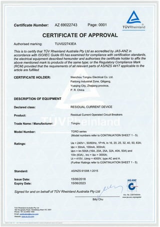 RCCB RCD AS/NZS 61008 TUV Certificate | PDF