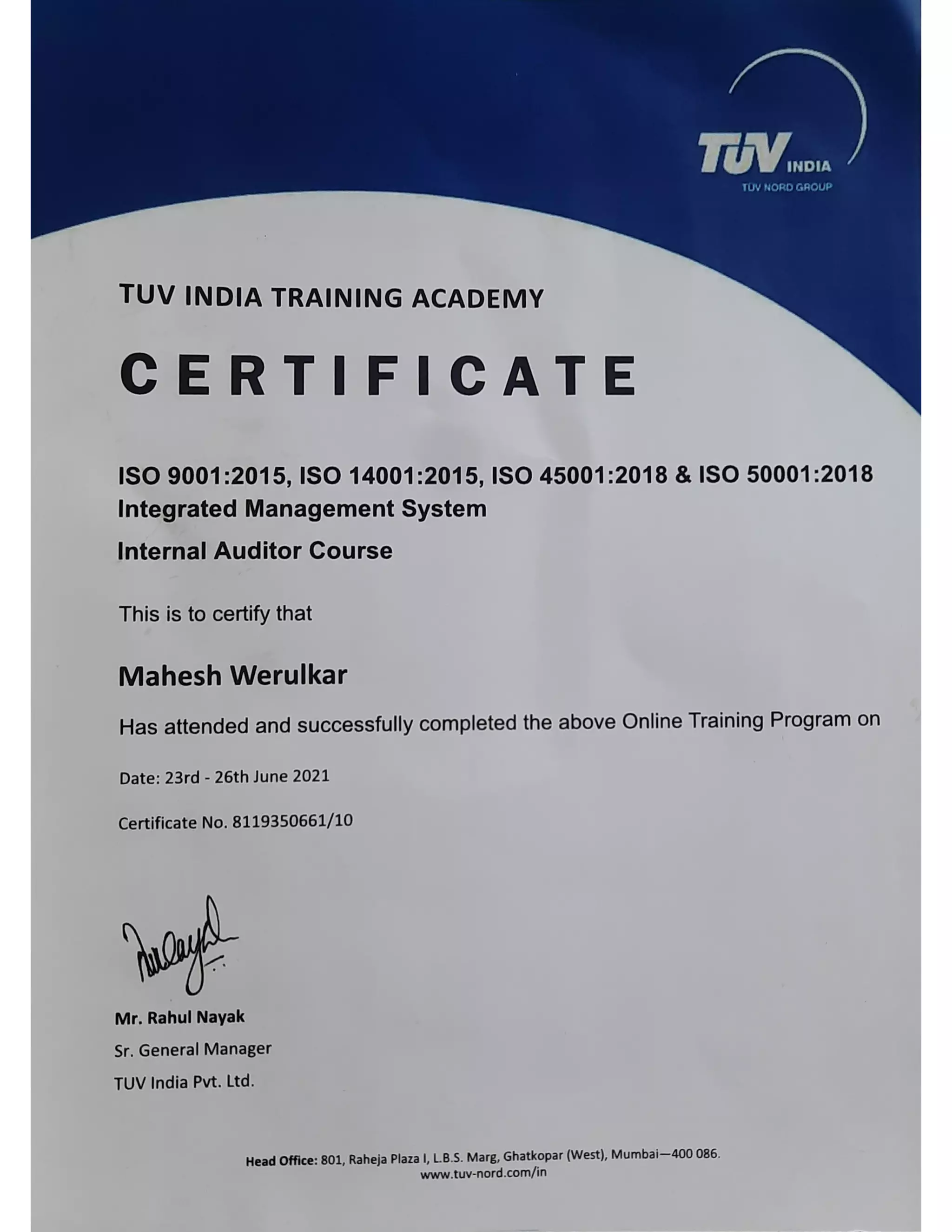TUV india internal auditor certificate | PDF