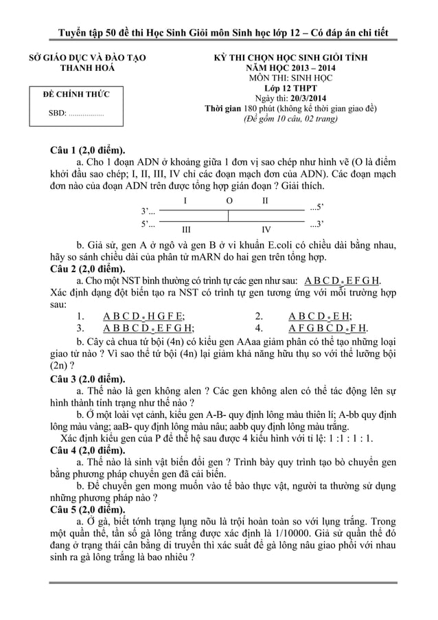 Tuyen tap 50 de thi hsg sinh 12 | PDF
