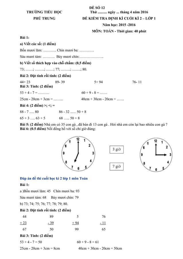 Tuyển tập đề thi HKII lớp 1 môn TOÁN (25 đề) + TV (37 đề) | PDF