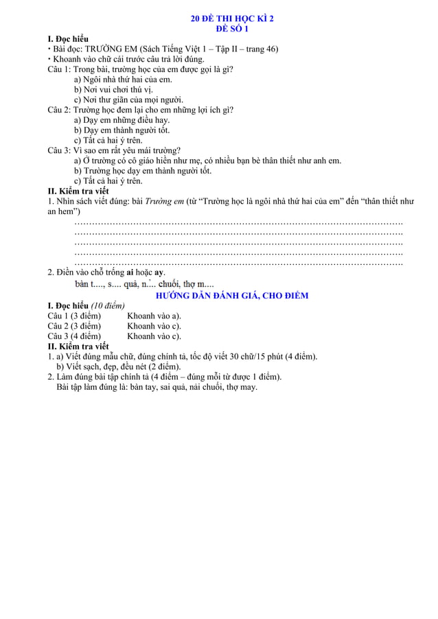 Tuyển tập đề thi HKII lớp 1 môn TOÁN (25 đề) + TV (37 đề) | PDF