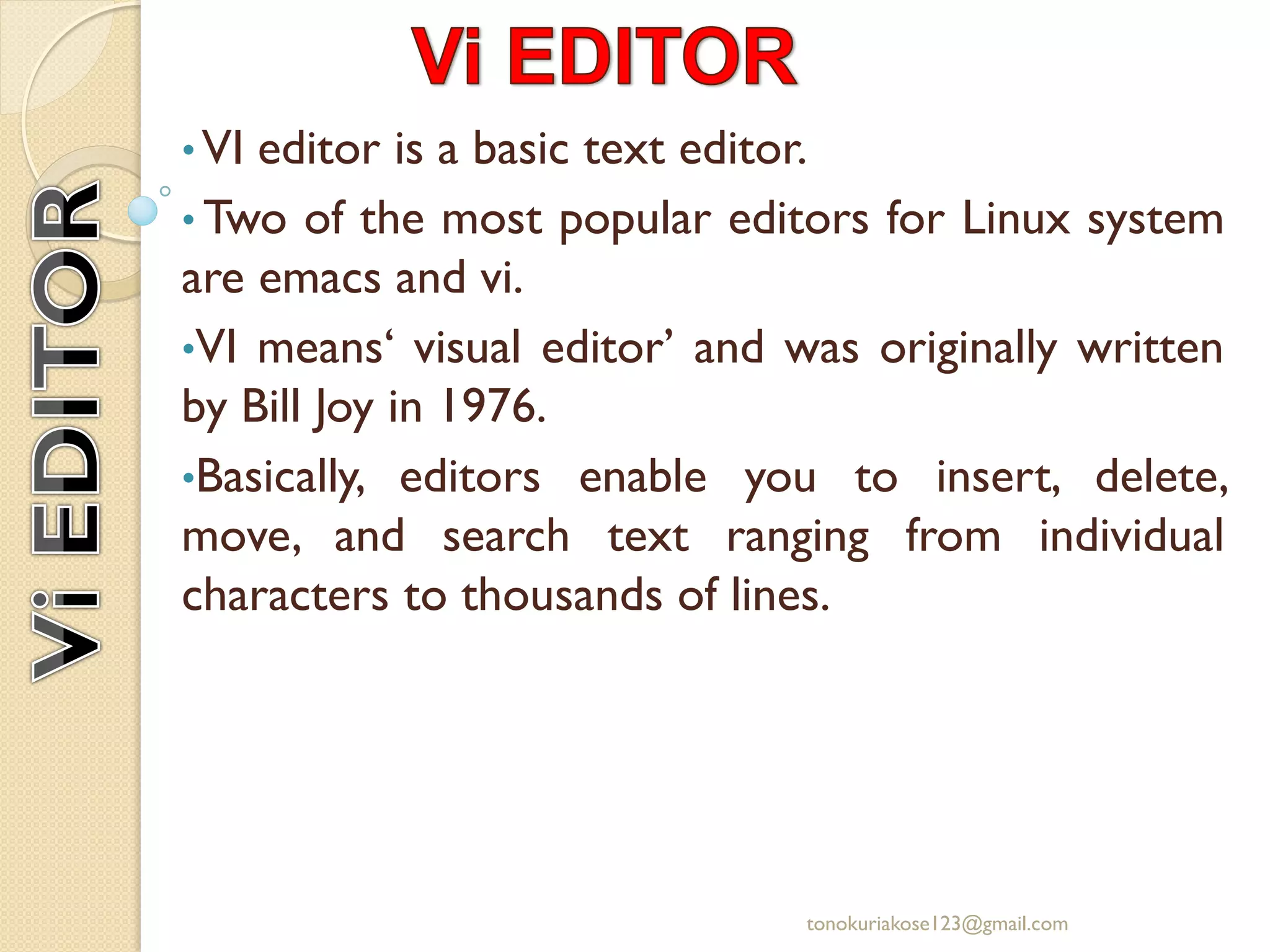Vi editor Linux Editors | PDF | Operating Systems | Computer Software and Applications