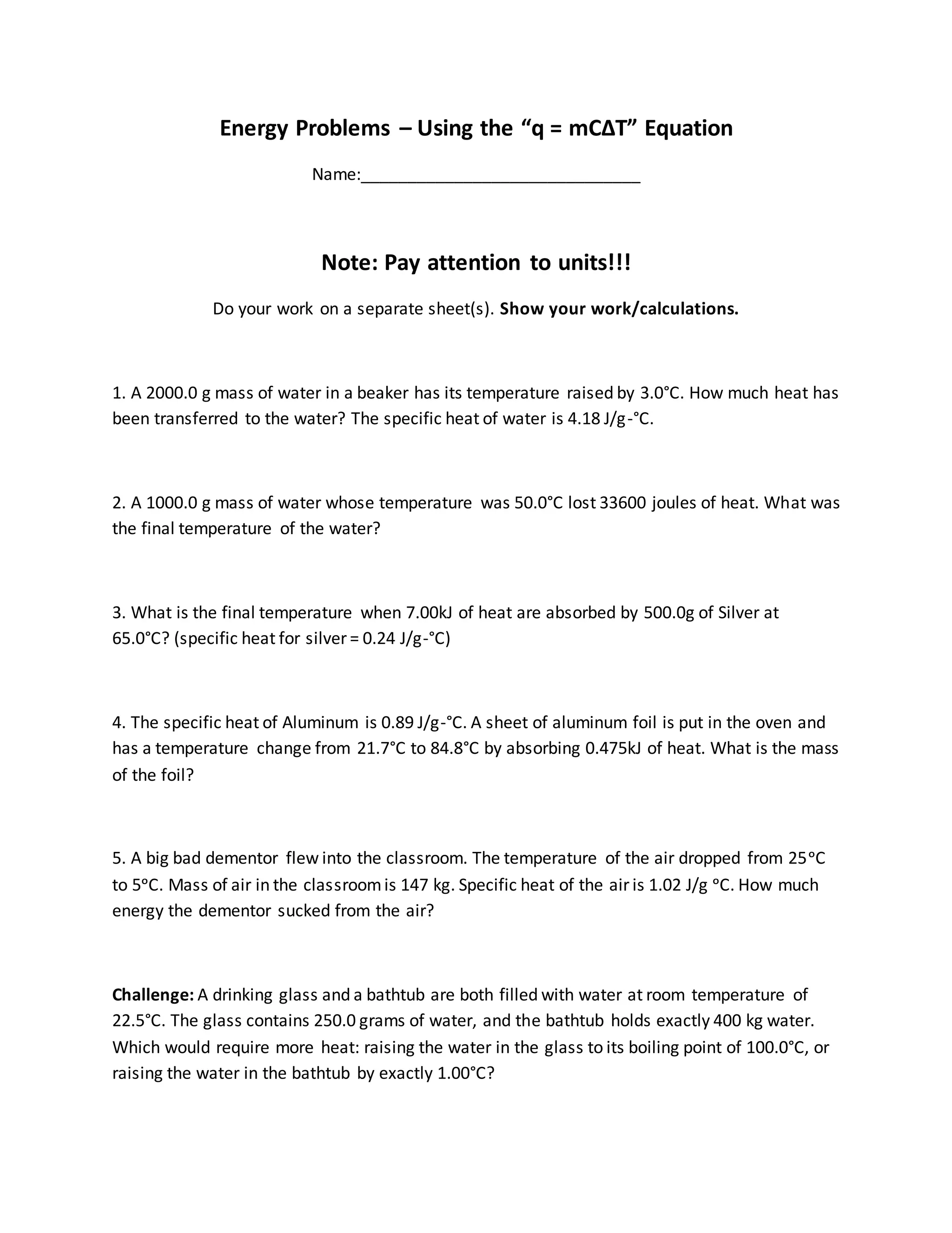 Energy - q=mCT - equation | DOCX