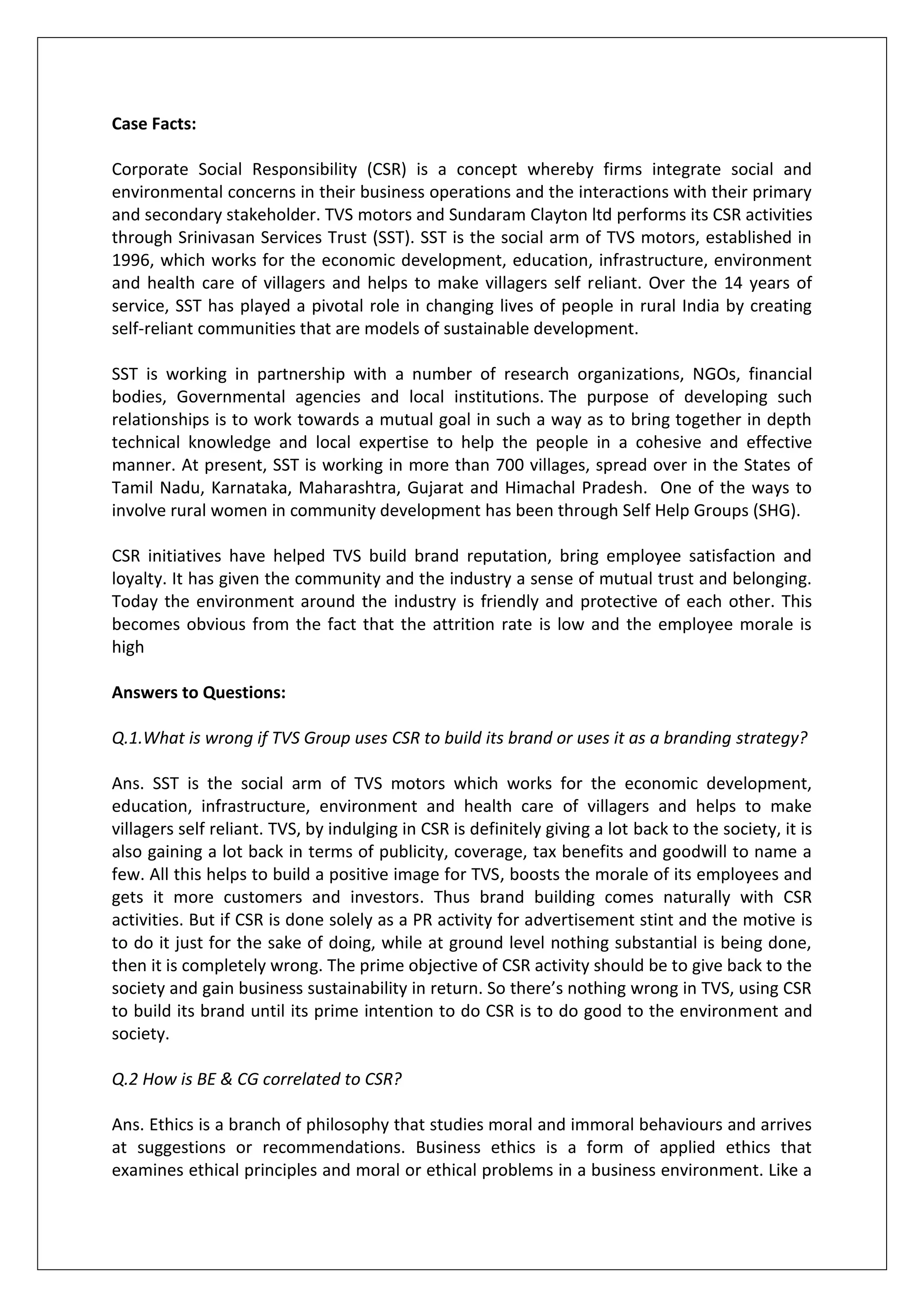 Case Study: CSR Activities by TVS | PDF