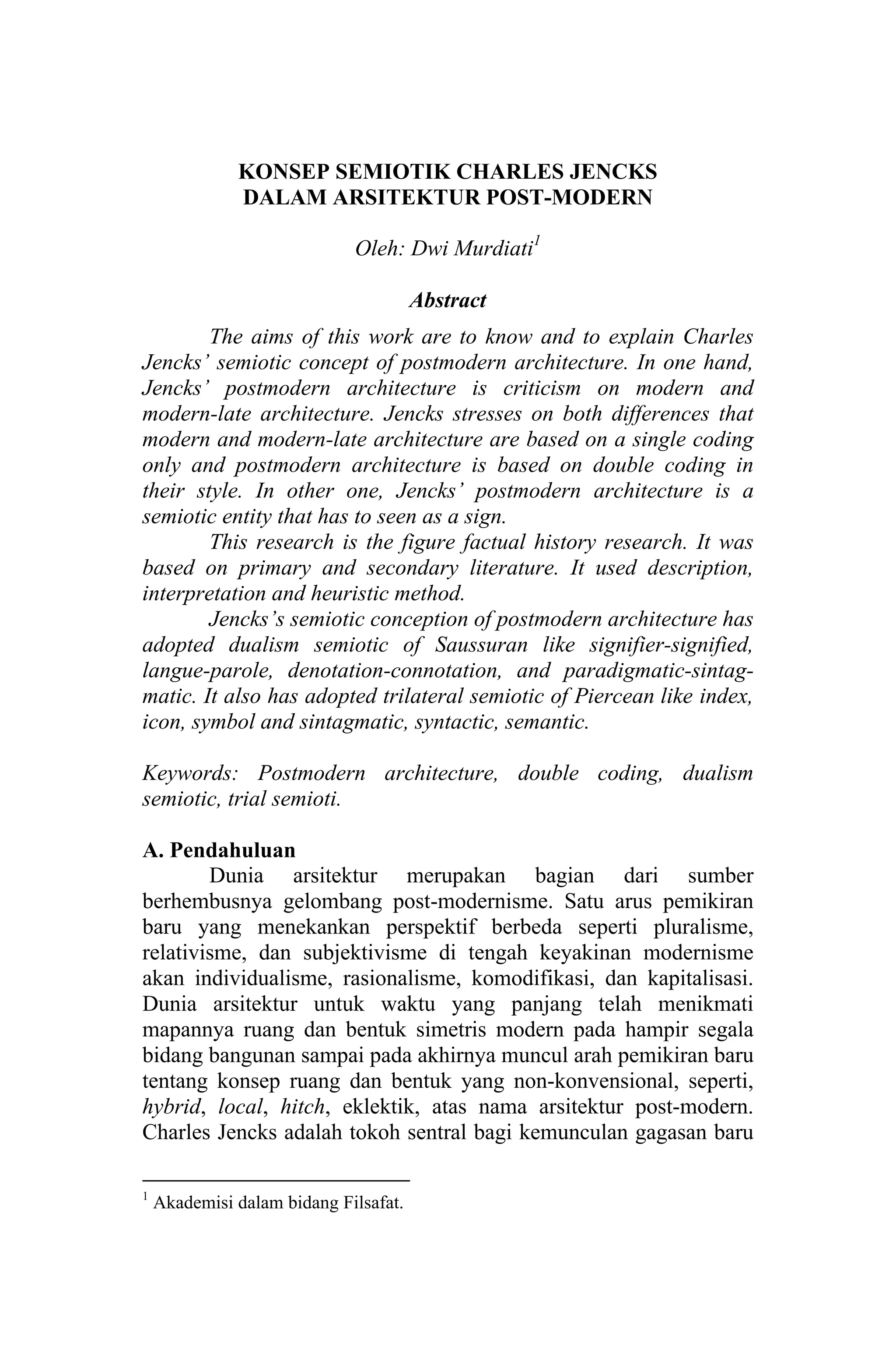 KONSEP SEMIOTIK CHARLES JENCKS DALAM ARSITEKTUR POST-MODERN | PDF