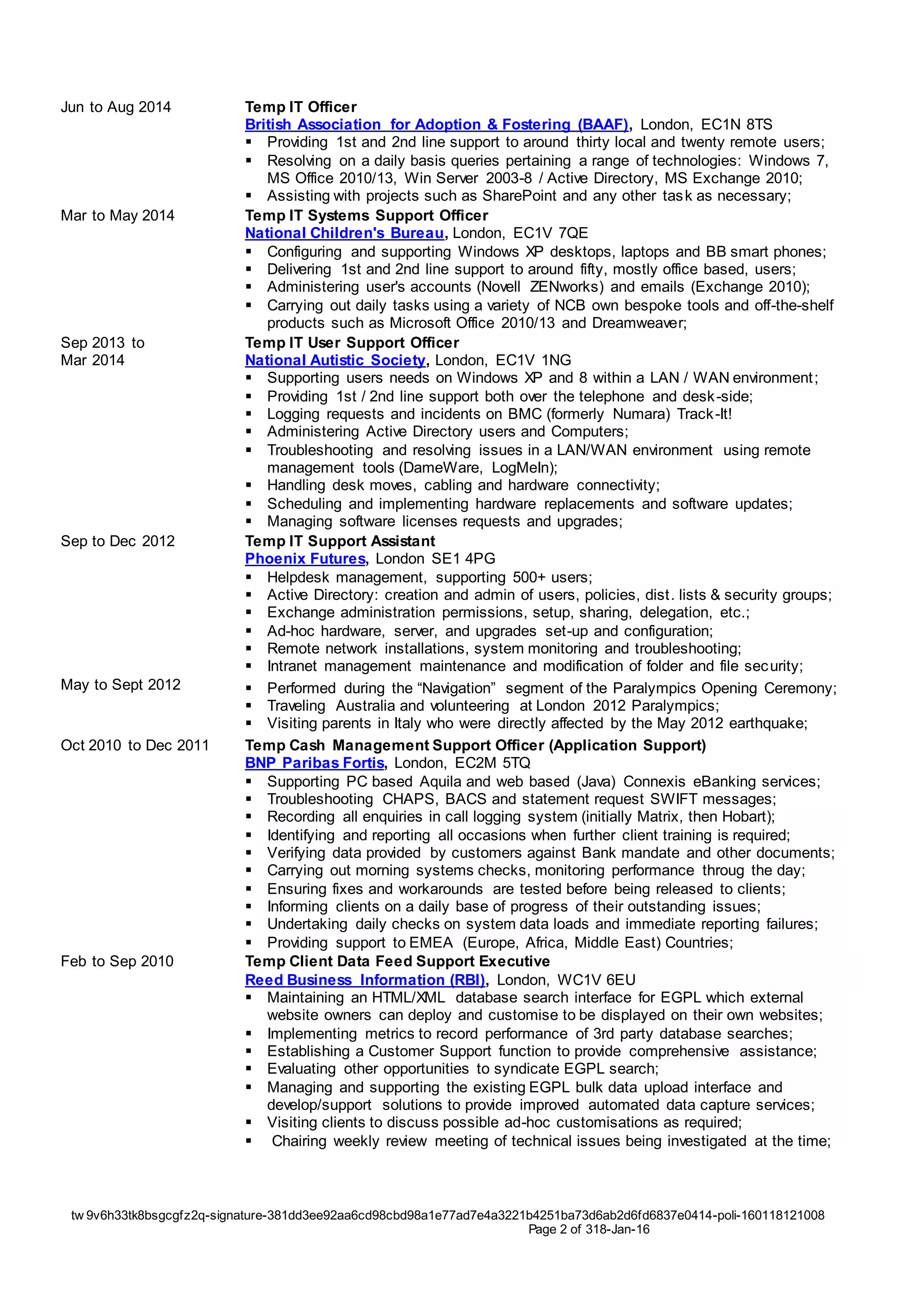 S Villani cv Jan 2016 | DOCX | IT and Internet Support | Internet