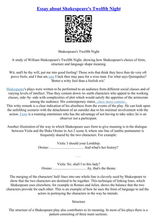 Twelfth Night Essay | PDF
