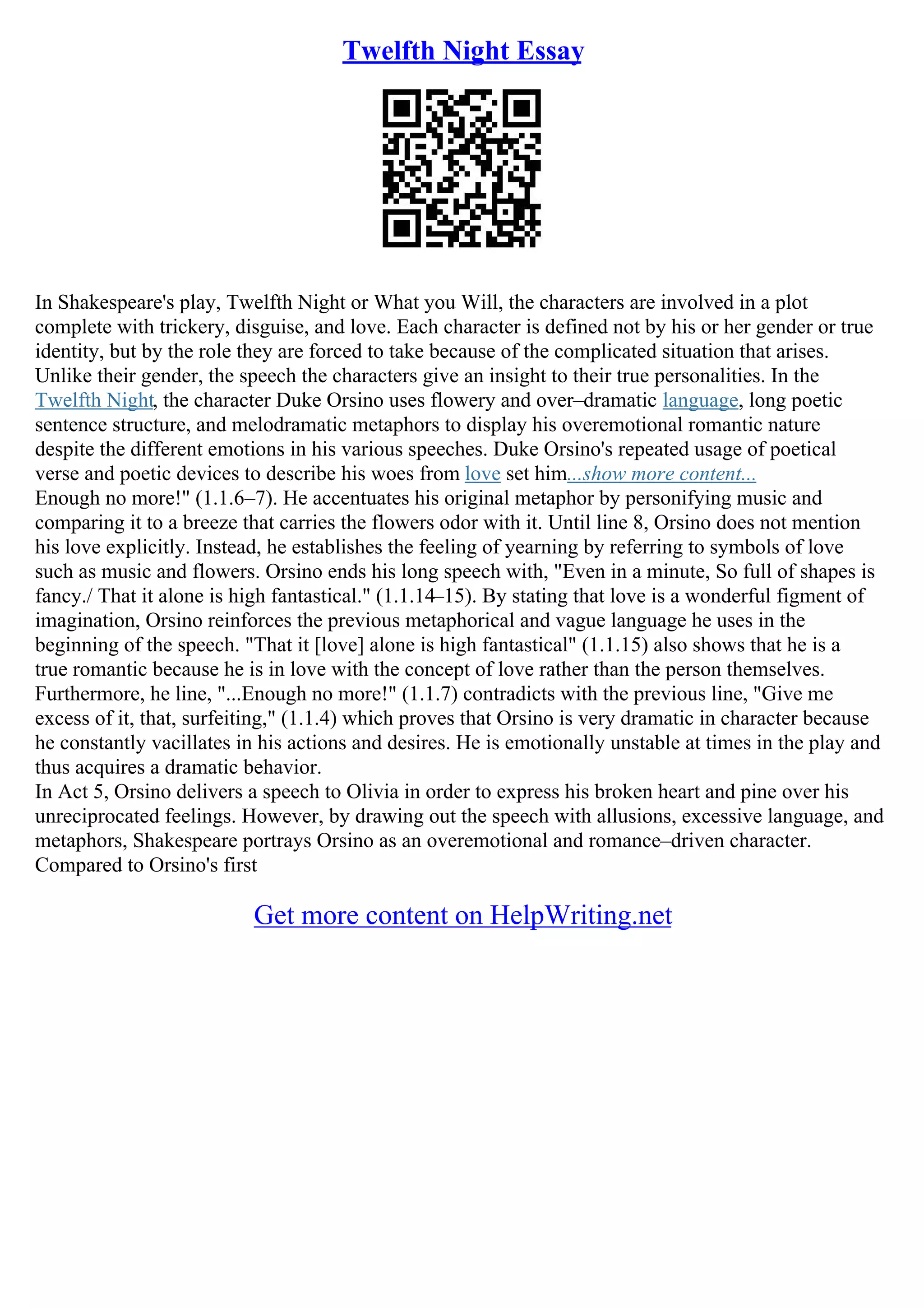 Twelfth Night Essay Questions | PDF