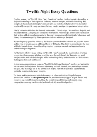 Twelfth Night Essay Questions.pdf | Books and Literature