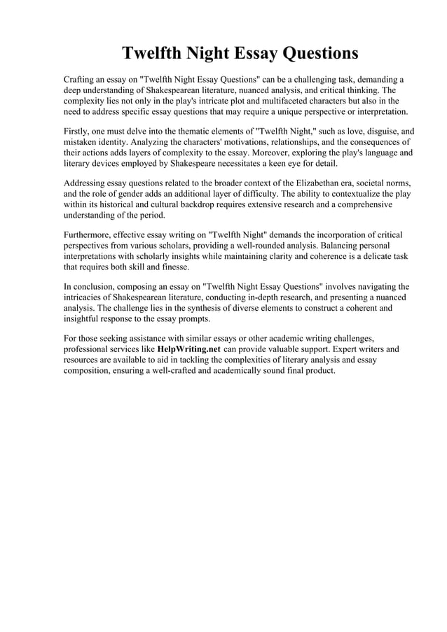 Twelfth Night Essay Questions | PDF