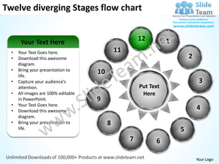 Twelve diverging stages flow chart circular spoke diagram power point slides | PPT