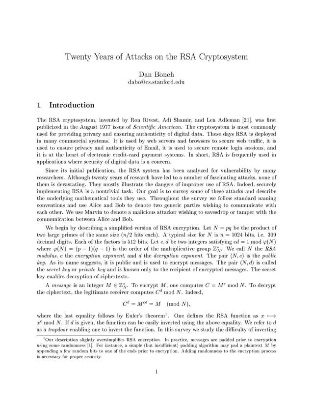 Twenty years of attacks on the rsa cryptosystem | PDF