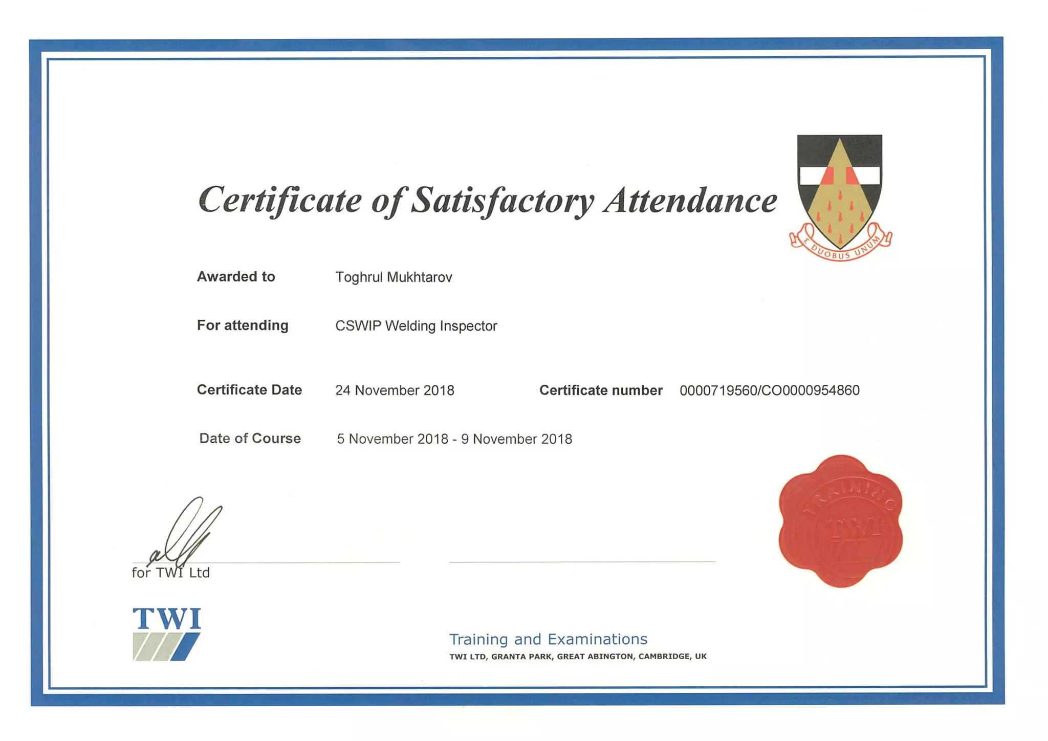 Twi certificate of satisfactory attendance cswip 3.1 | PPT