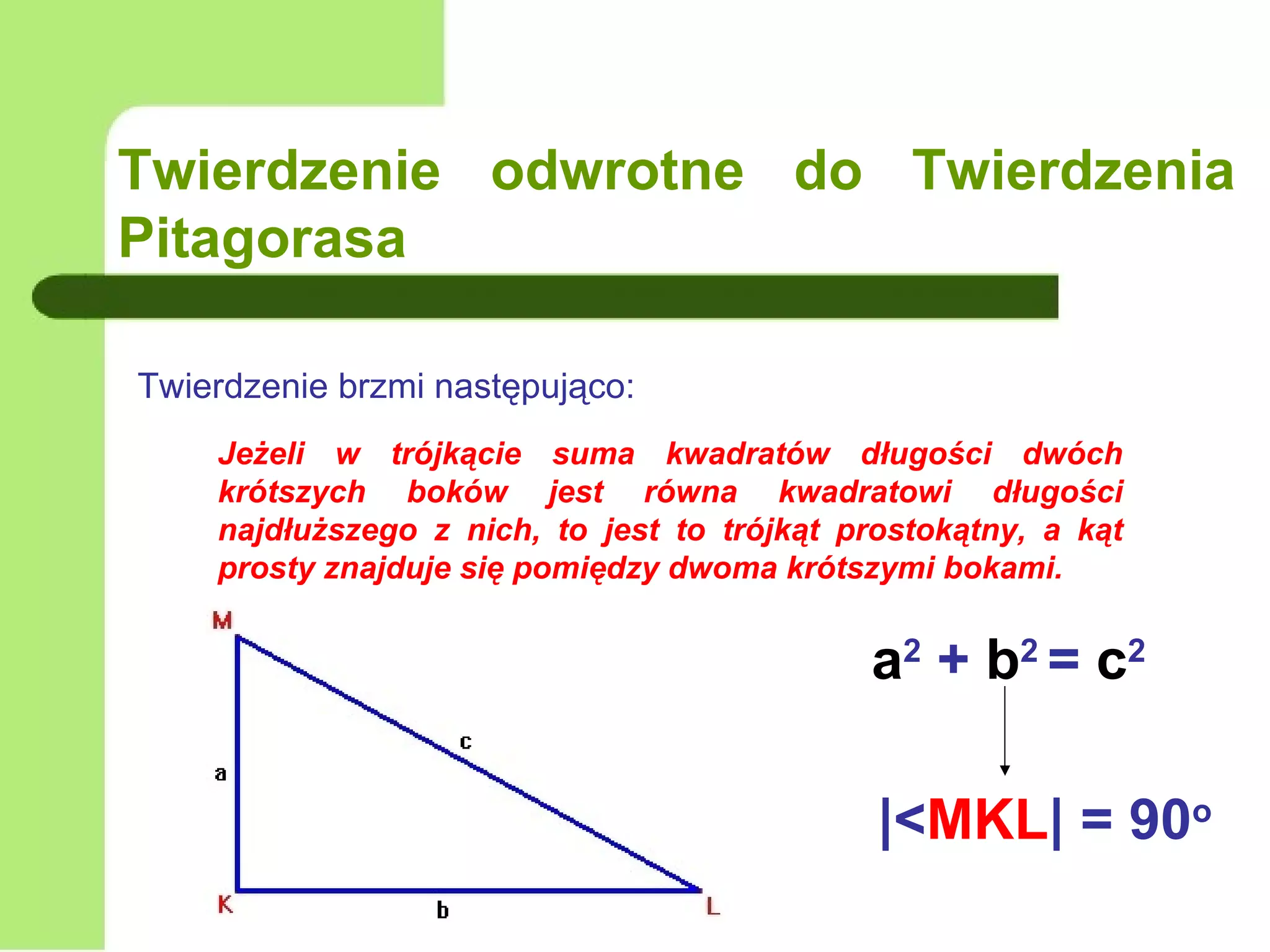 Twierdzenie odwrotne do Twierdzenia Pitagorasa | PPT