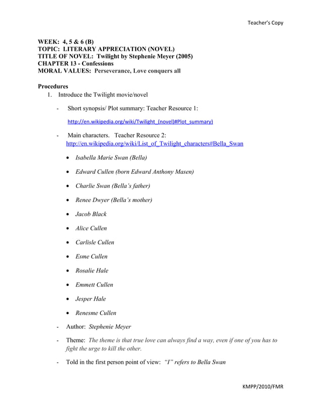 Twilight novel, teachers' worksheet | DOC