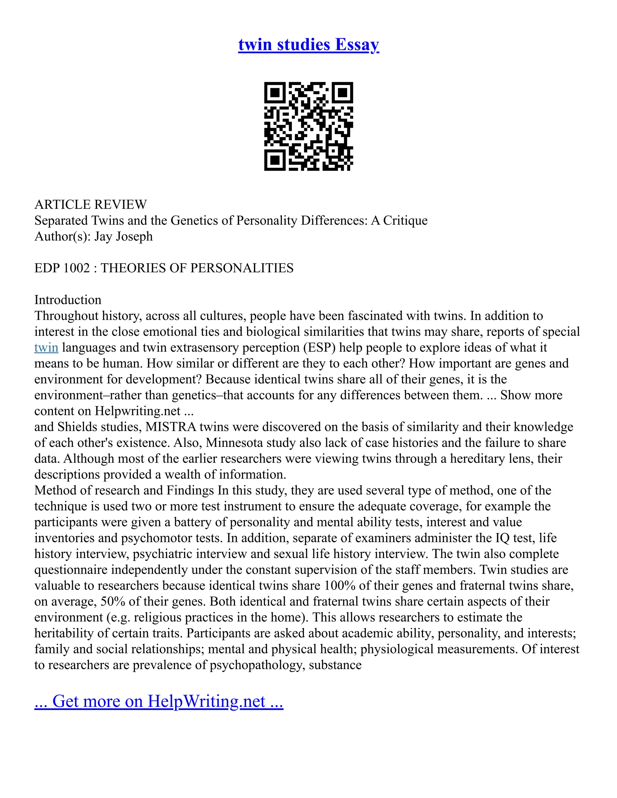 Twin Studies Essay | PDF