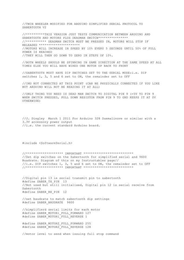 Twin wheeler modified for arduino simplified serial protocol to sabertooth v2 | PDF