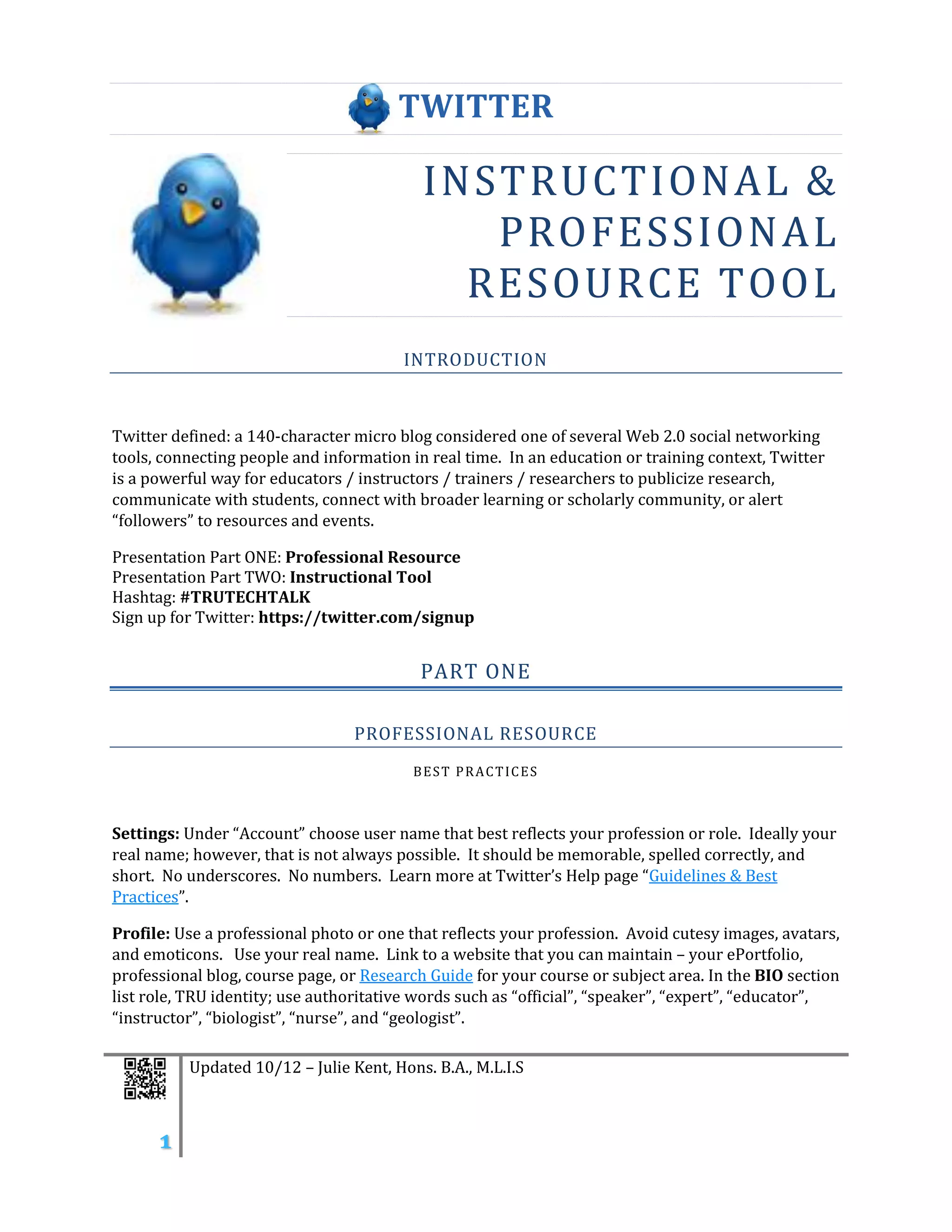 Twitter: Professional Development and Instruction Tool: Faculty Handout ...