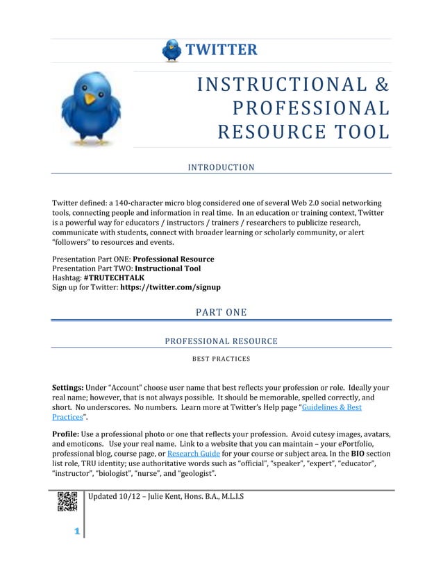 Twitter: Professional Development and Instruction Tool: Faculty Handout ...