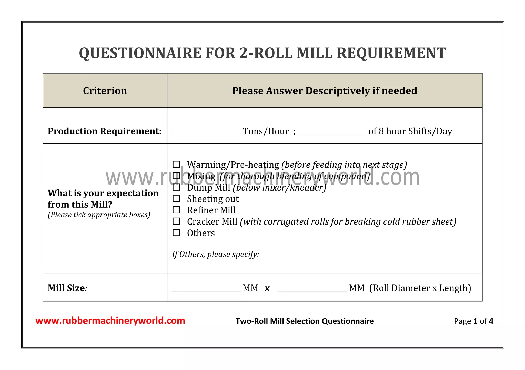 Two-Roll Rubber Mixing Mill Selection Questionnaire | PDF