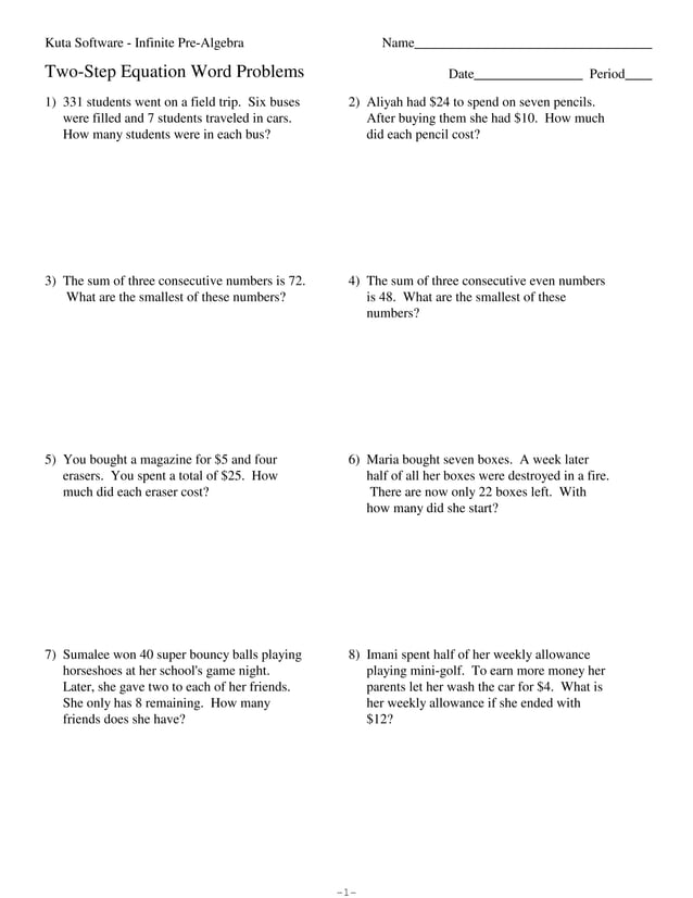 Kuta Software - Infinite Pre-Algebra Two-Step Equation Word Problems | PDF