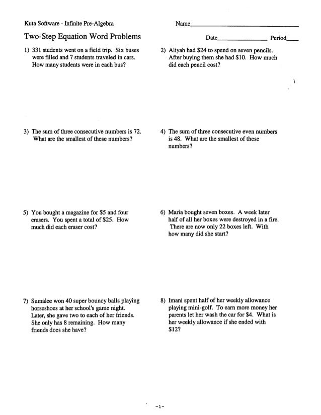 Two Step Equations Word Problems no Key 