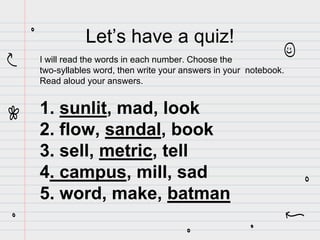 Two-Syllable Words reading activities for beginner reader | PPTX