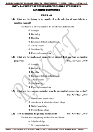 ME6503 - DESIGN OF MACHINE ELEMENTS TWO MARKS QUESTIONS WITH ANSWERS | PDF
