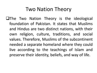 The Two-Nation Theory states that Muslims and Hindus of the ...