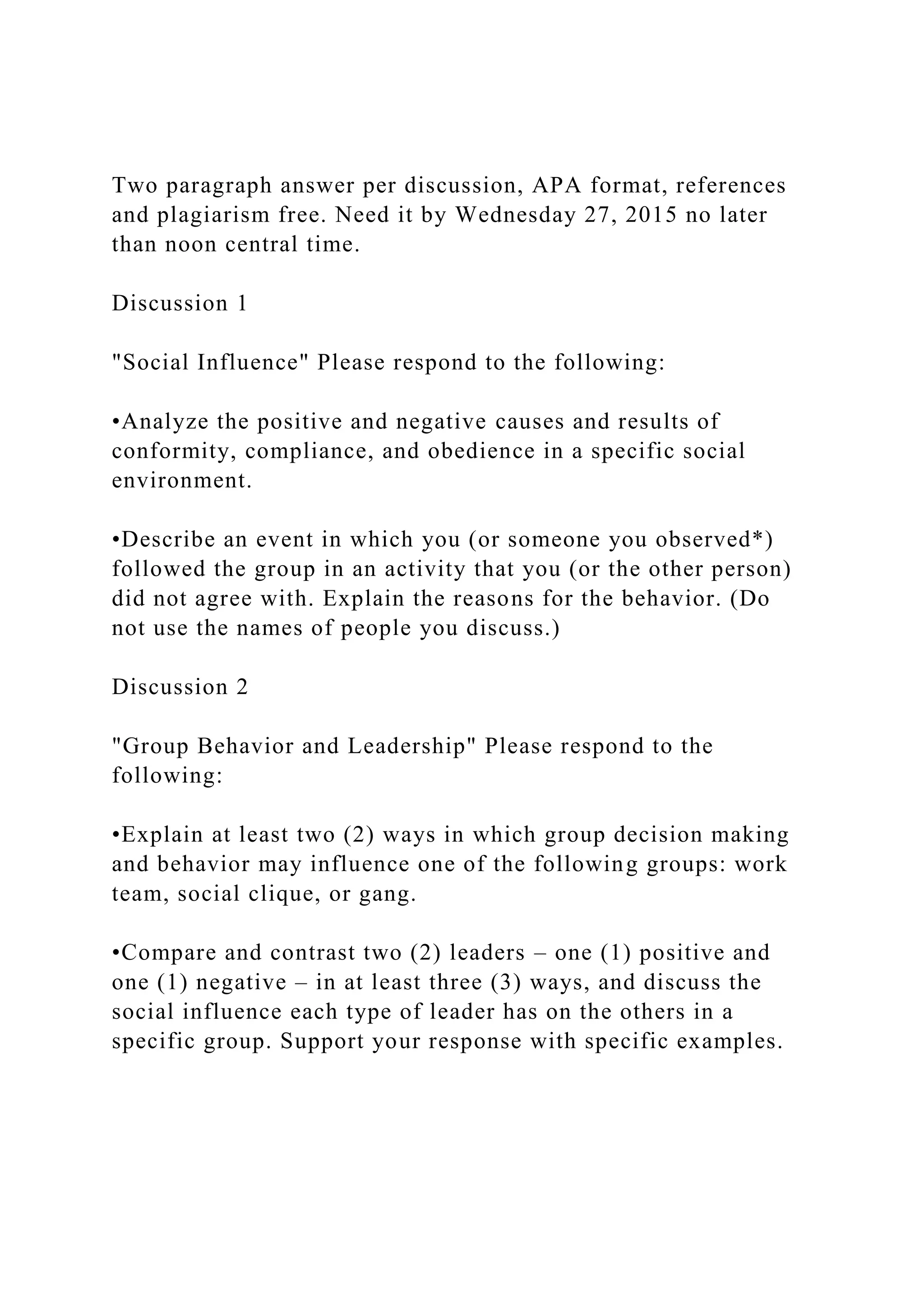 Two paragraph answer per discussion, APA format, references and pl.docx