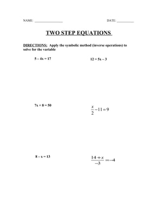 Two step equations quiz-practice | DOC