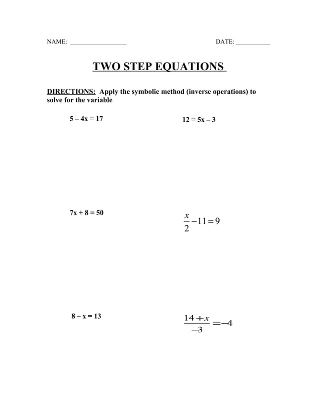 Two step equations quiz-practice | DOC