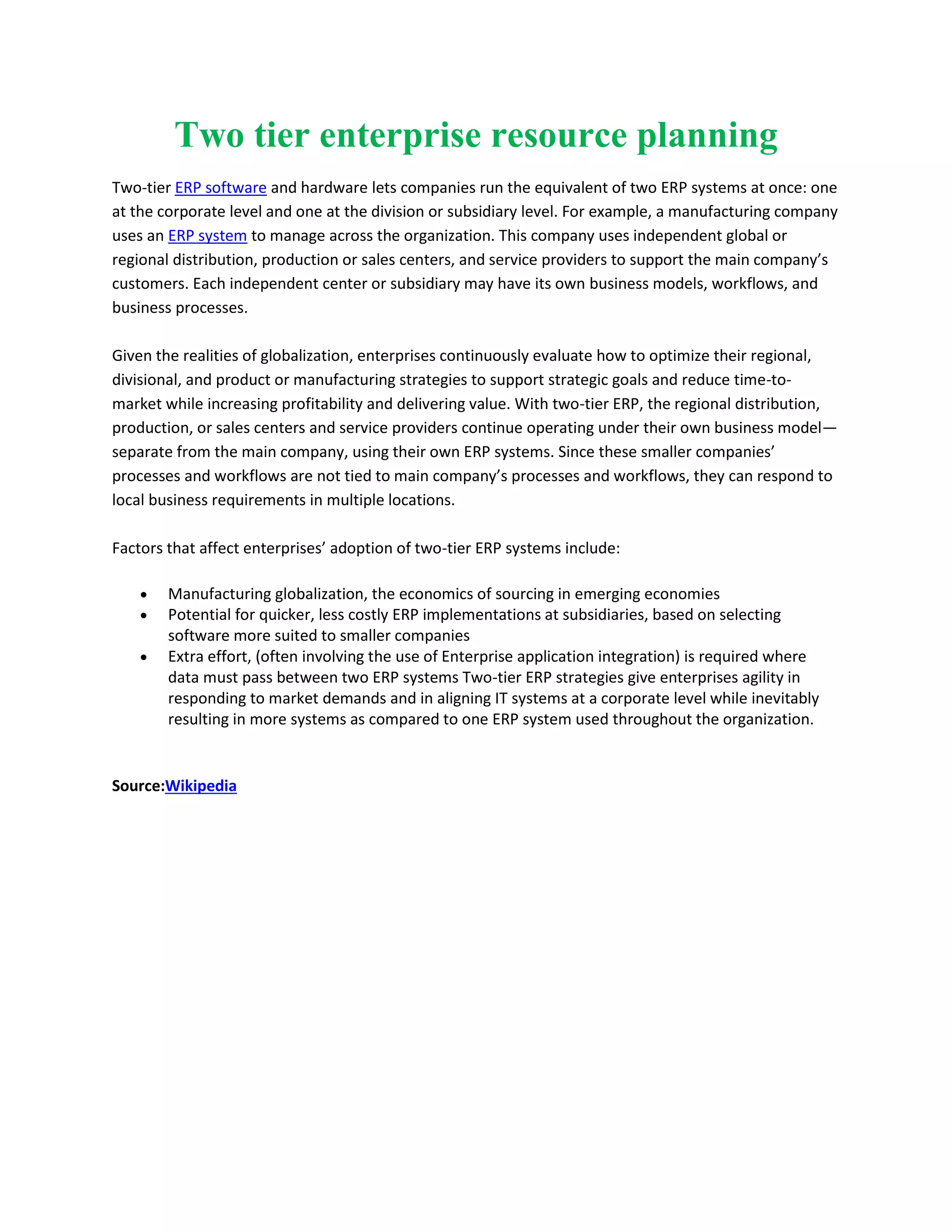 Two tier enterprise resource planning | PDF