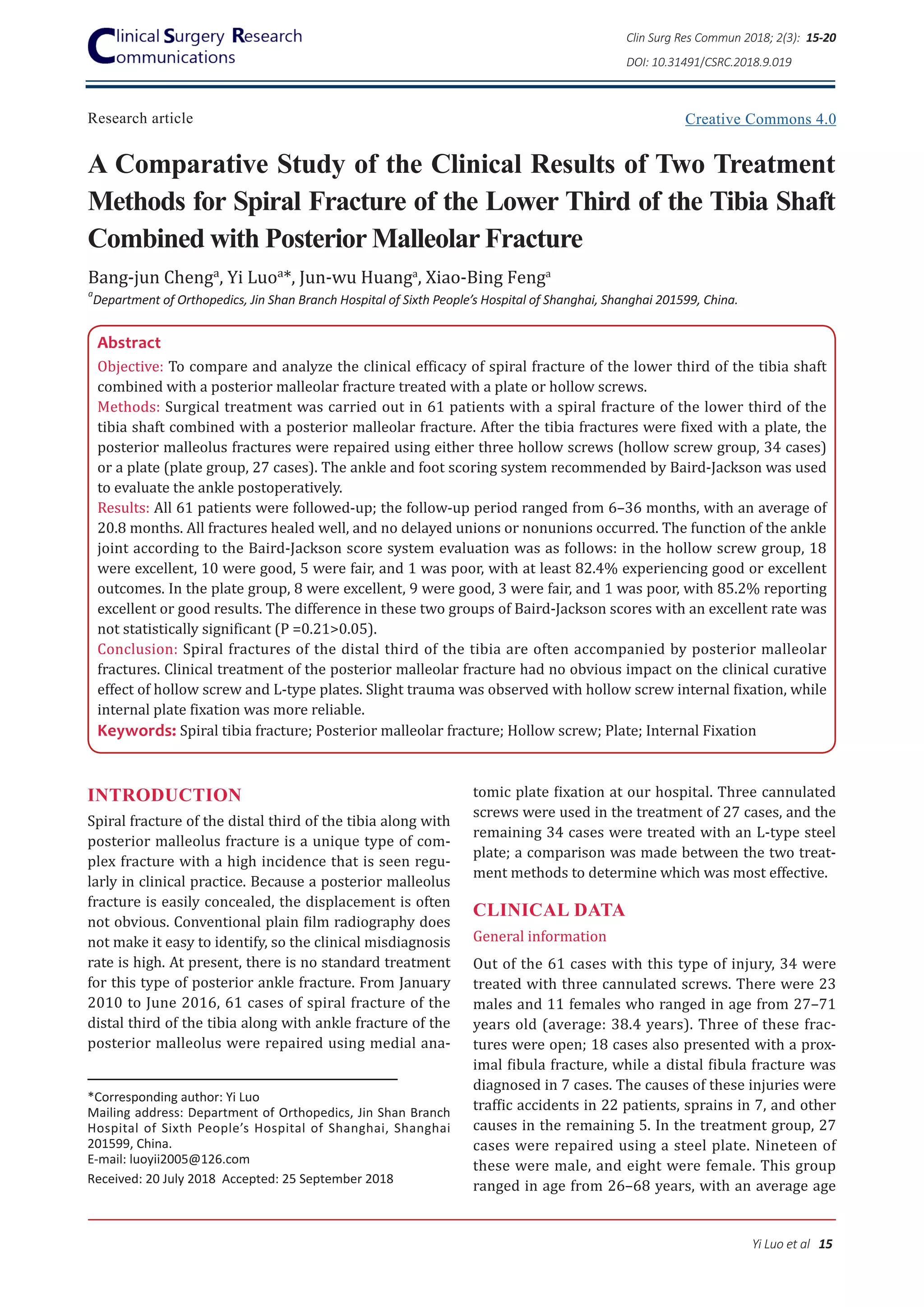 Two treatment methods for spiral fracture of the lower third of the ...