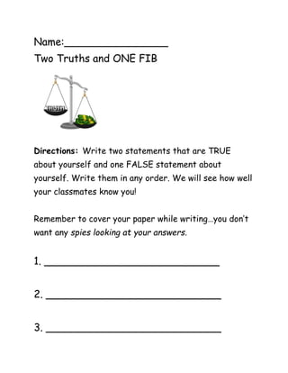 Two Truths and a Fib game for classroom. | PDF