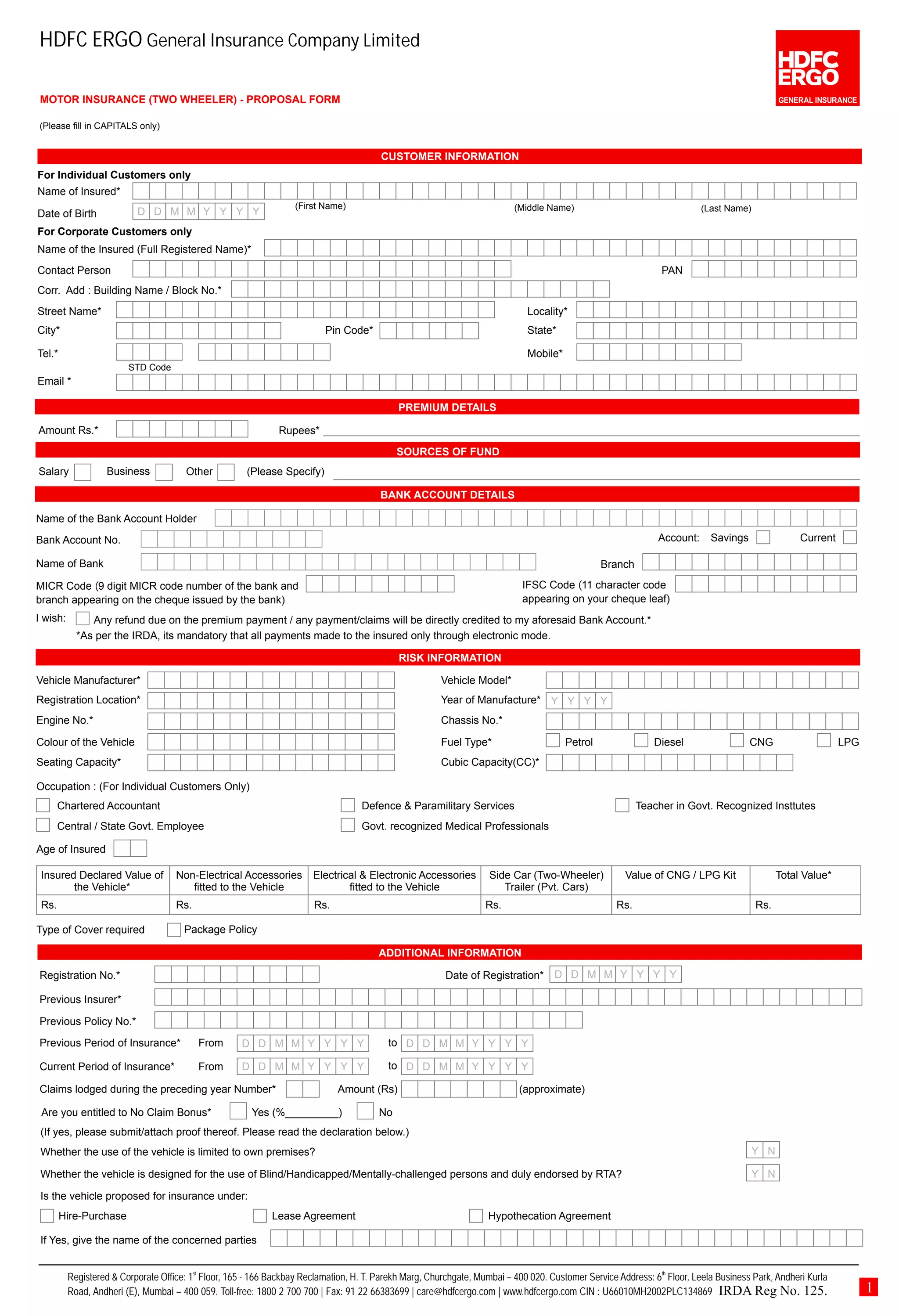 Two Wheeler Insurance Format - HDFC ERGO | PDF