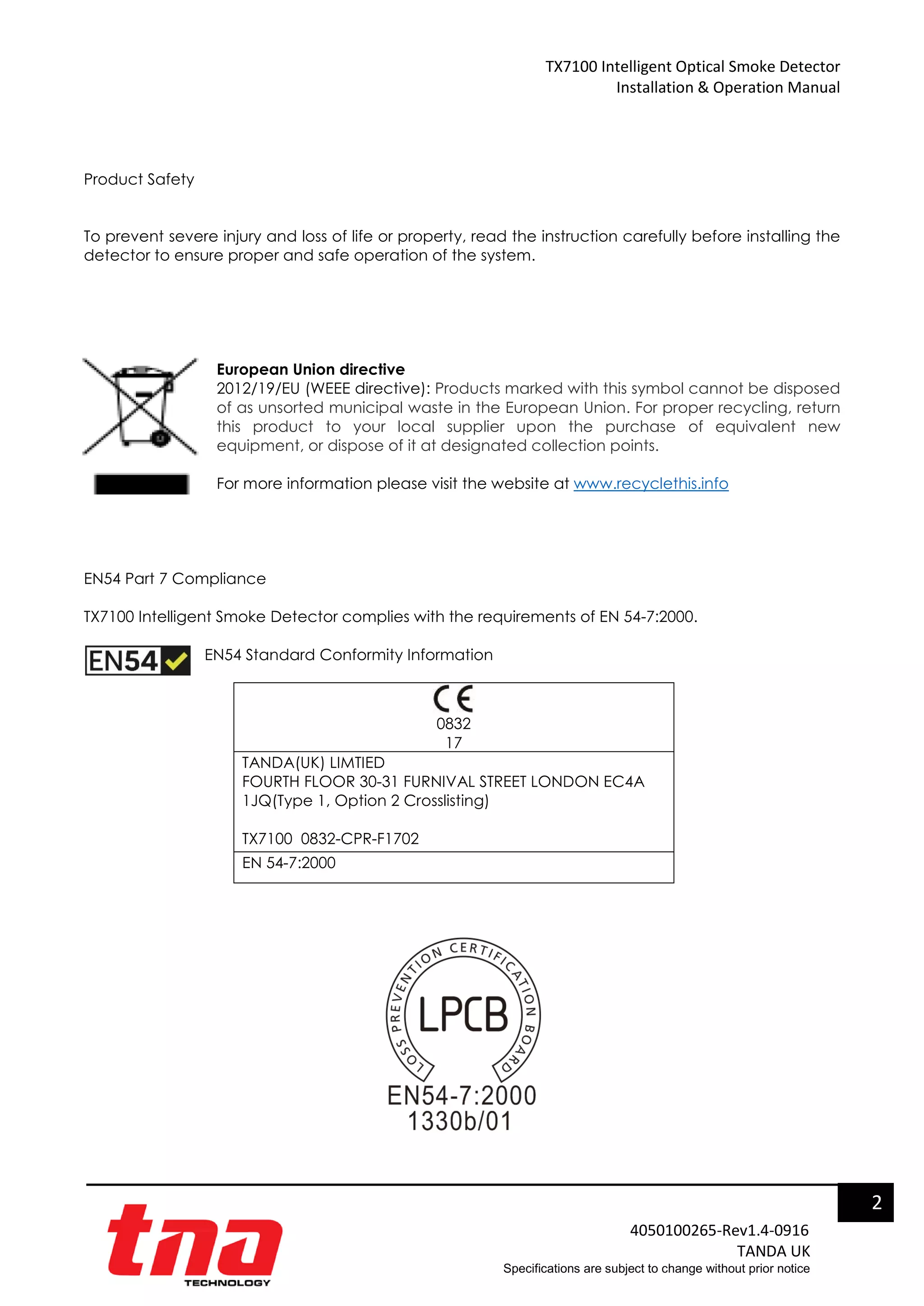 Tx7100 smoke detector | PDF
