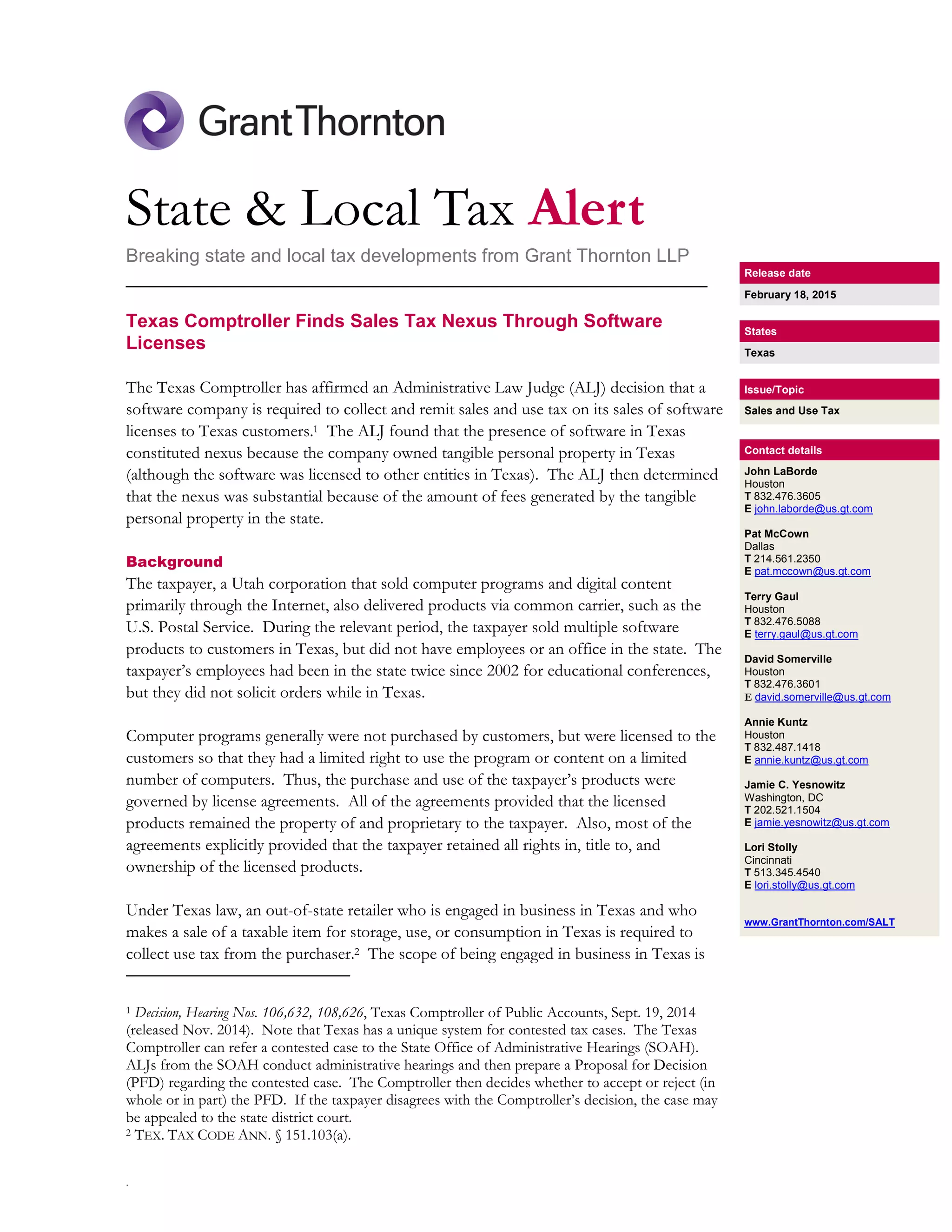 State & Local Tax Alert: Texas Comptroller Finds Sales Tax Nexus ...