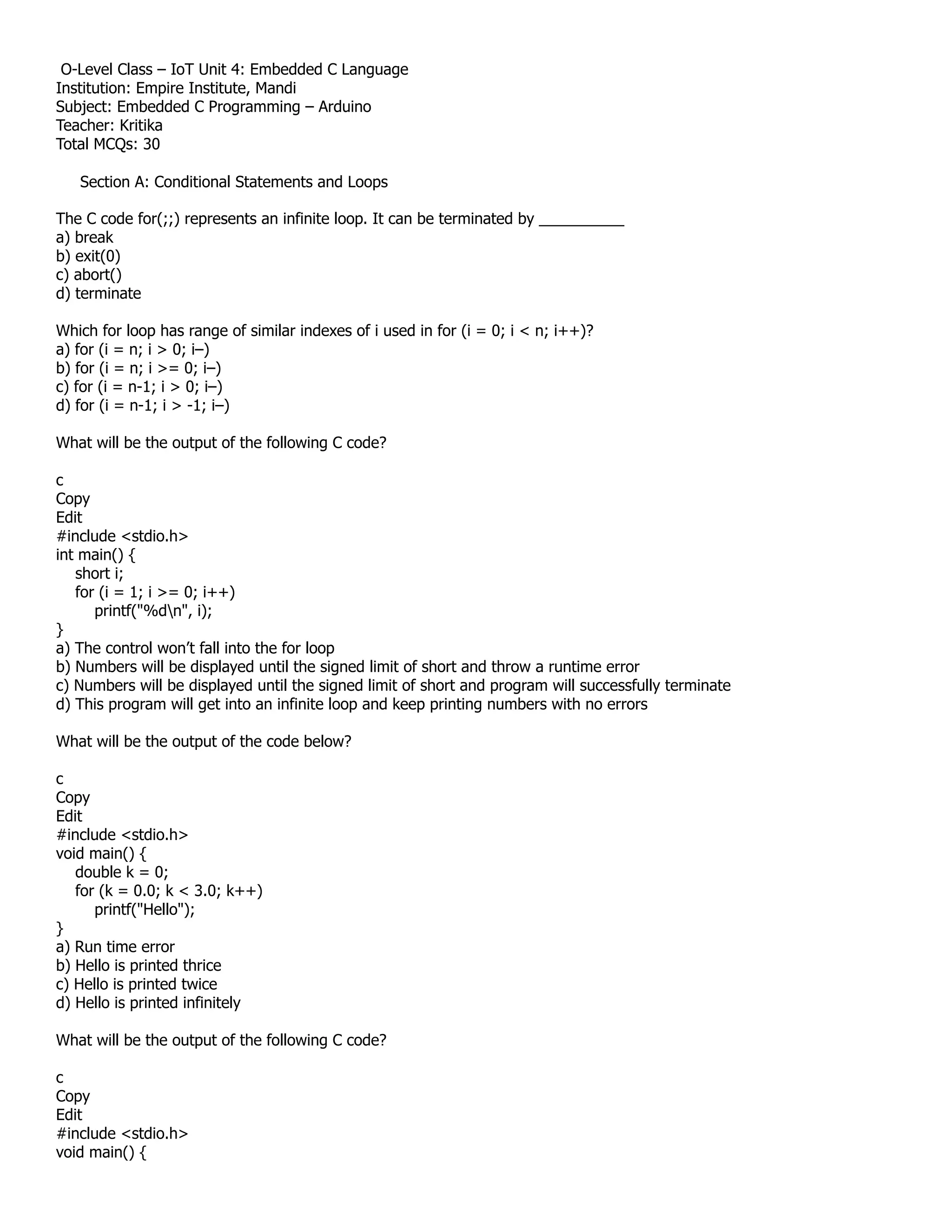 Embedded C Programming O Level, C Level students, and diploma holder | PDF