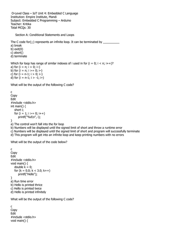 Embedded C Programming O Level, C Level students, and diploma holder | PDF