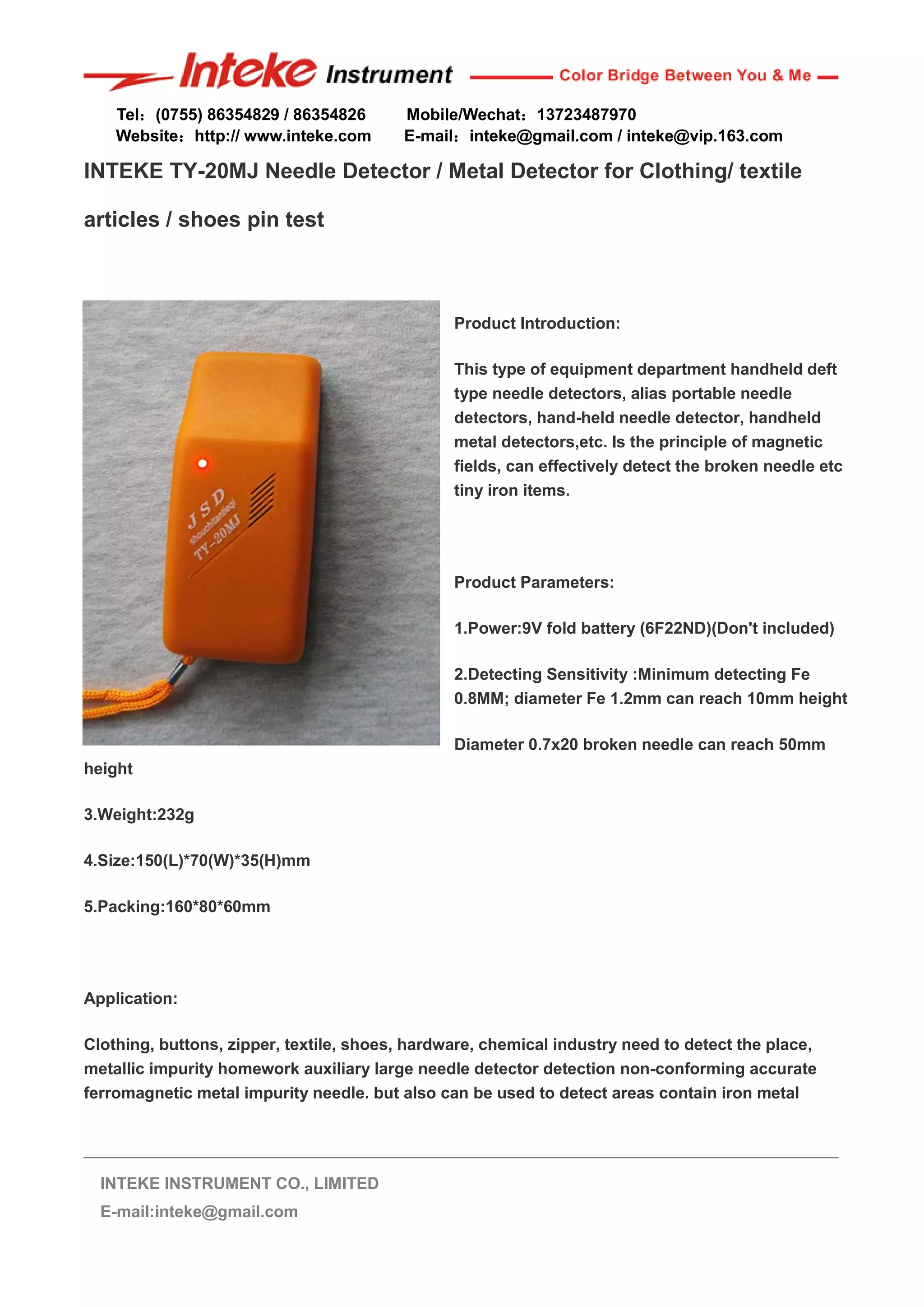 HOTSELL INTEKE Handtype Needle Detector / Metal Detector TY-20MJ | PDF
