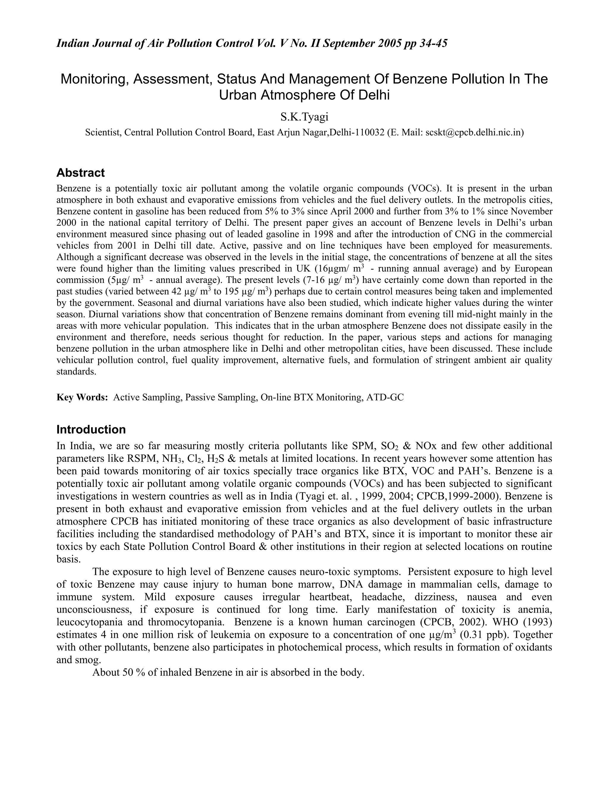 Monitoring, Assessment, Status And Management Of Benzene Pollution In The Urban Atmosphere Of ...