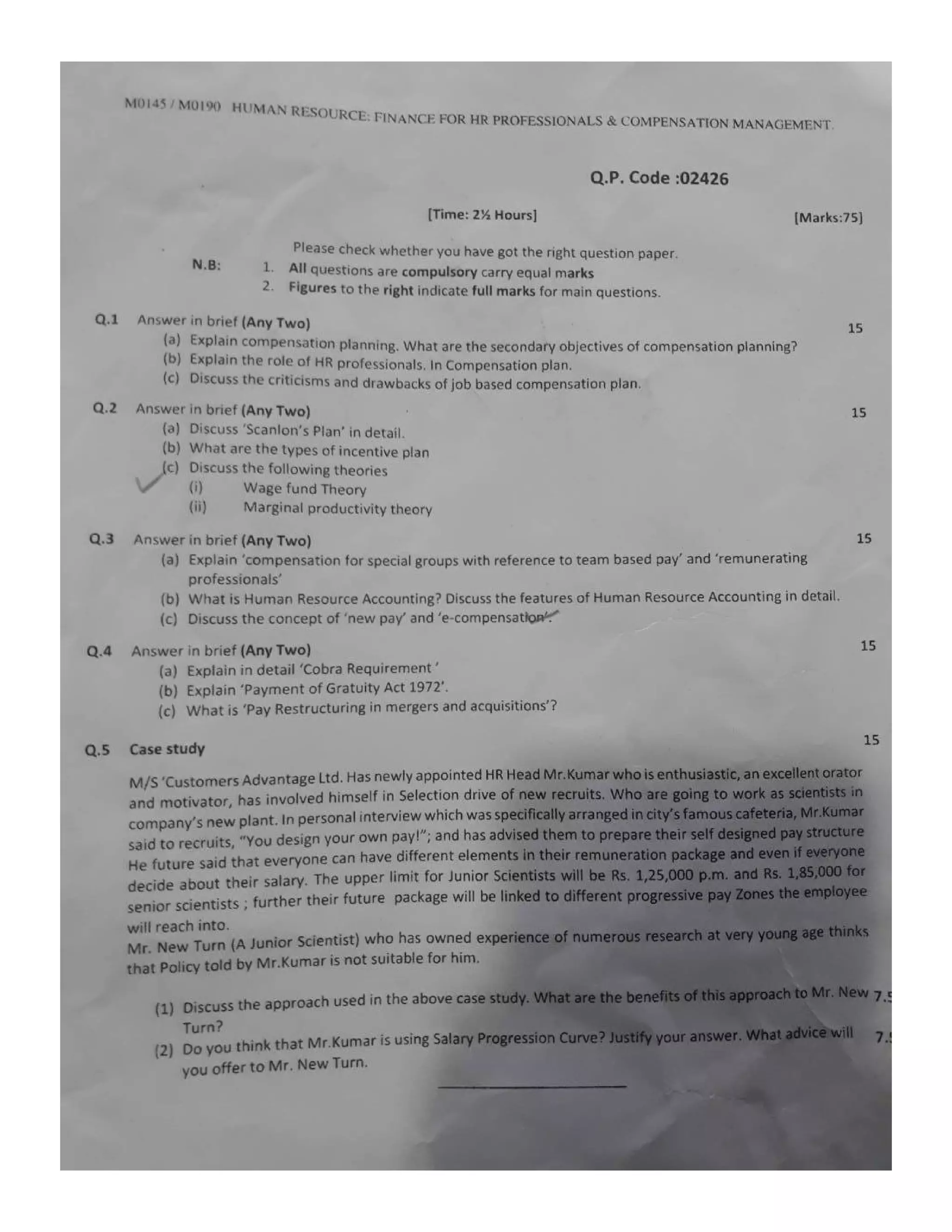 TYBMS SEM - 5 NOVEMBER 2017-18 - (HUMAN RESOURCE) Question papers | PDF