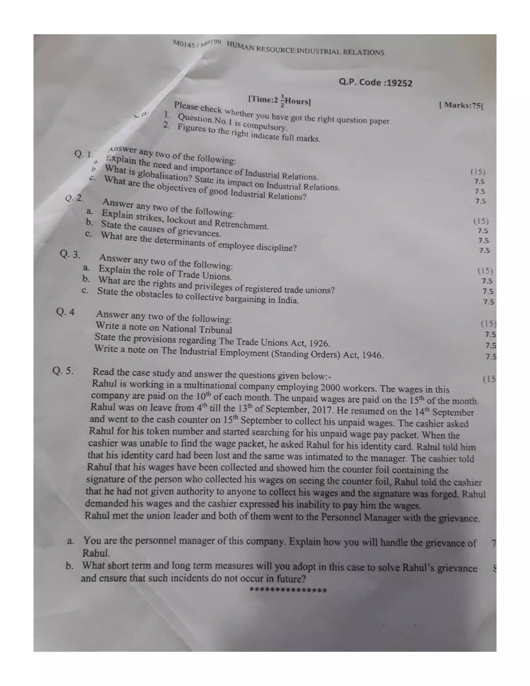 TYBMS SEM - 5 NOVEMBER 2017-18 - (HUMAN RESOURCE) Question papers | PDF