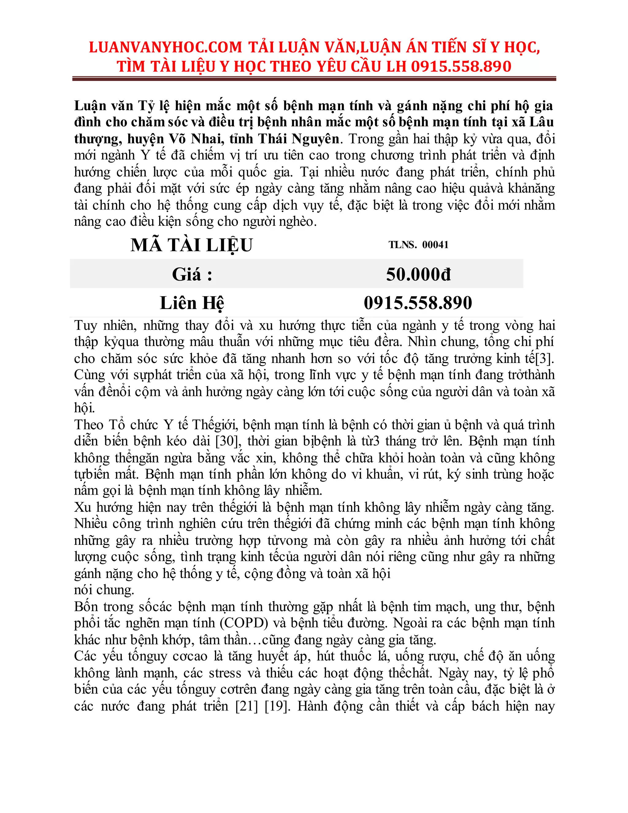 Ty le hien mac mot so benh man tinh va ganh nang chi phi ho gia dinh cho cham soc va dieu tri | DOCX